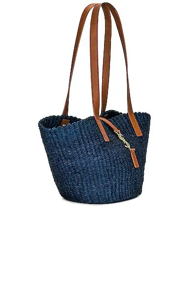 Saint Laurent Small Panier Raffia Bag In Blue - Blue Orchid